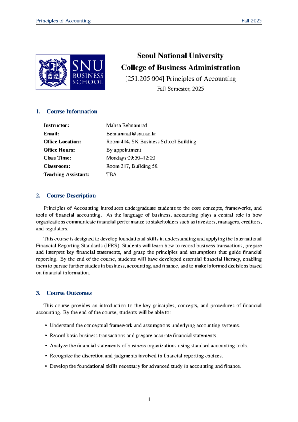 Principles of Accounting Syllabus (Fall 2025) - SNU - Studocu
