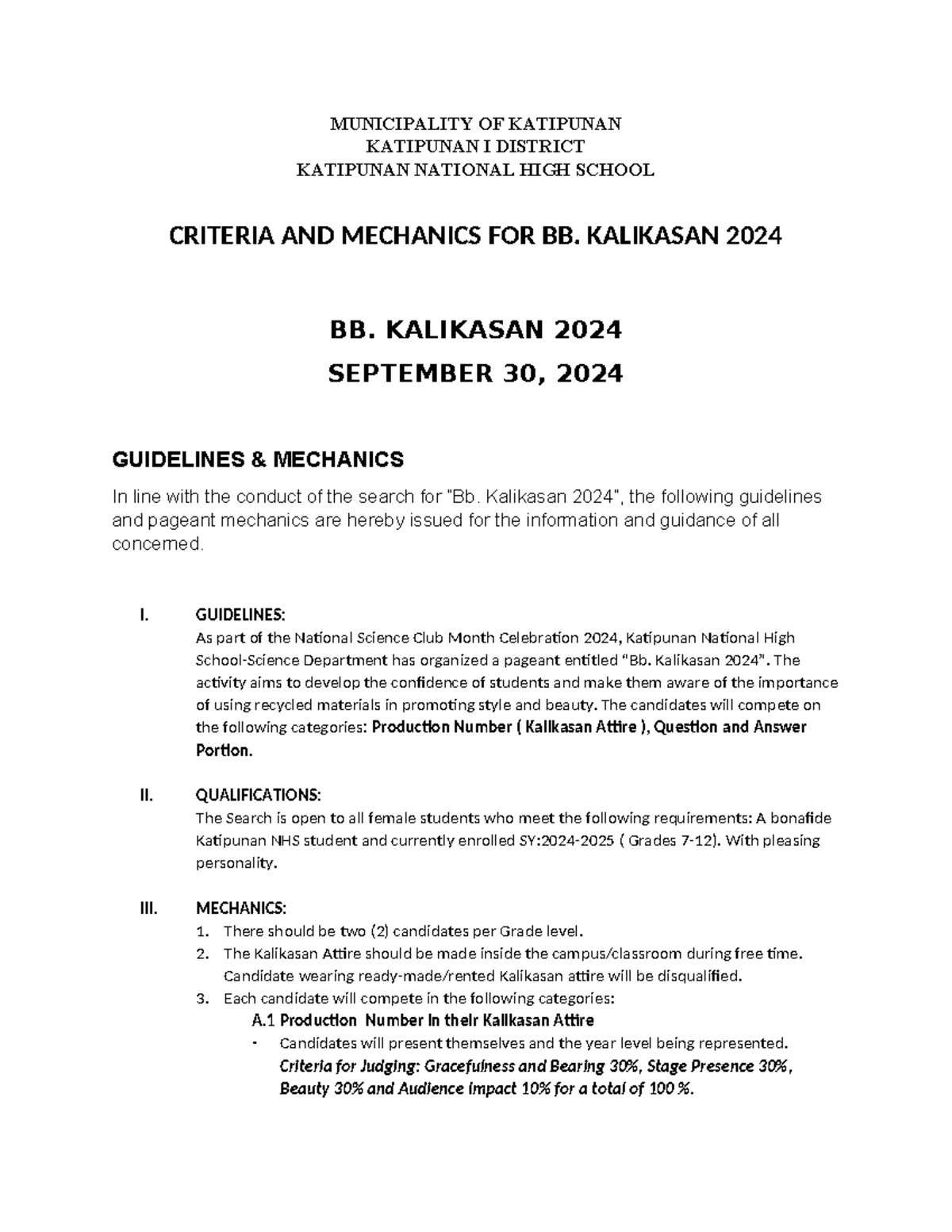 Bb. Kalikasan 2024 Pageant Guidelines & Mechanics for Katipunan NHs ...