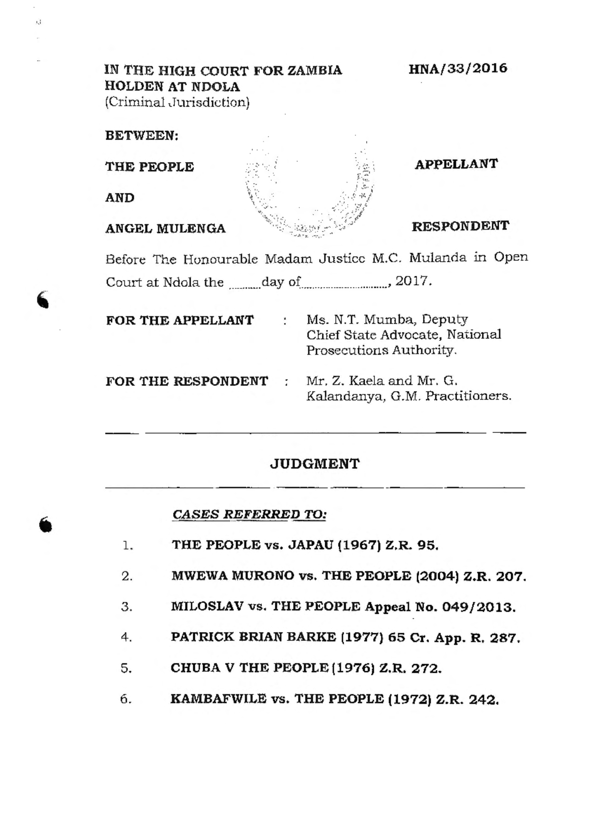 The People v. Angel Mulenga: Appeal Judgment Analysis (HNA332016) - Studocu