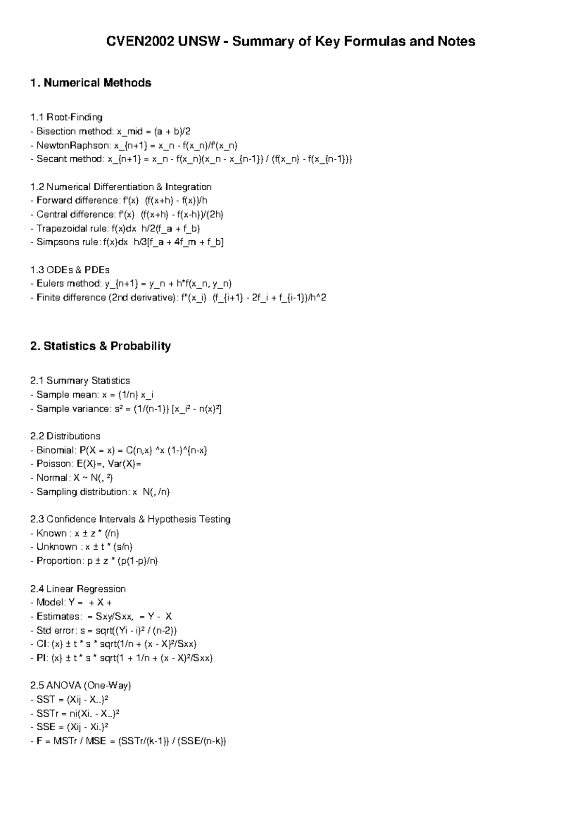 CVEN2002 UNSW Final Exam Summary of Key Formulas and Notes - Studocu