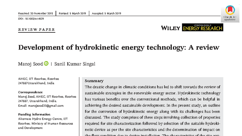 Development of Hydrokinetic Energy Technology: A Comprehensive Review ...
