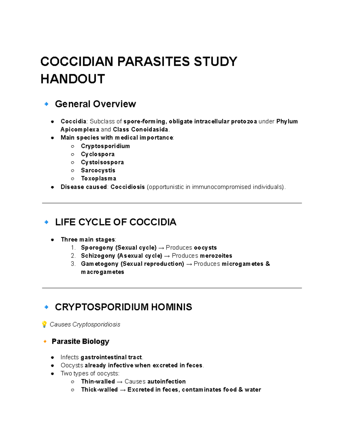 Coccidian Parasites: Study Handout for Parasitology Exam - Studocu