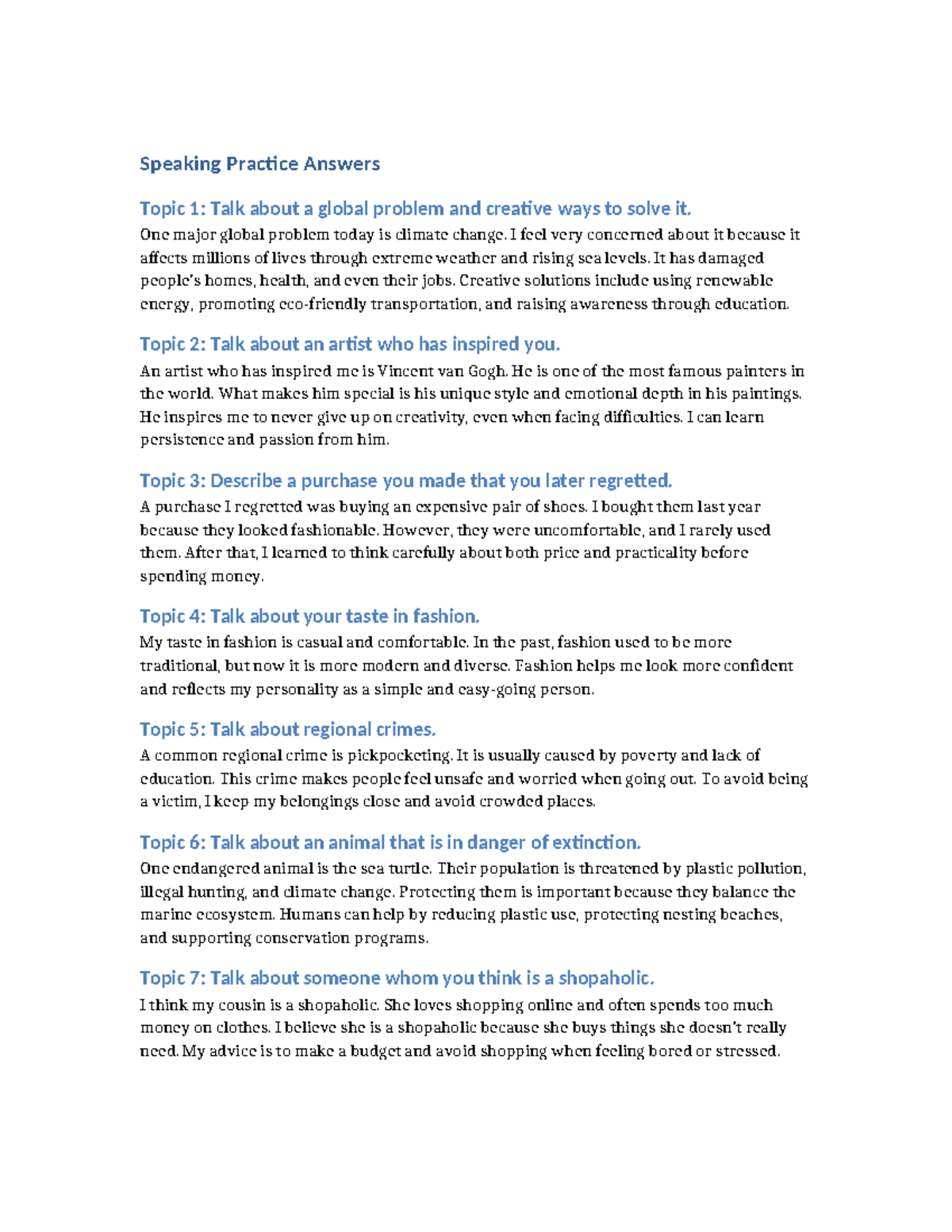 Speaking Practice Answers - EEE: Global Issues & Personal Insights ...