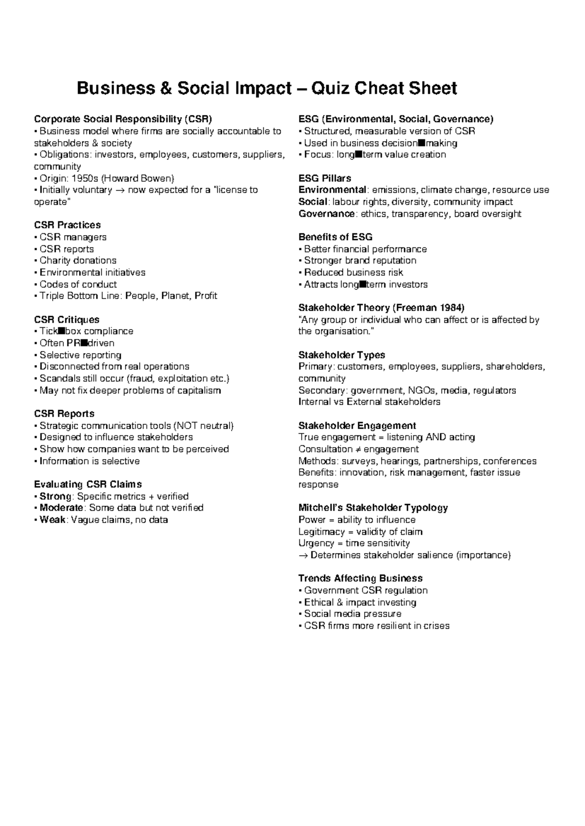Business Social Impact Quiz Cheat Sheet: CSR & Stakeholder Theory - Studocu