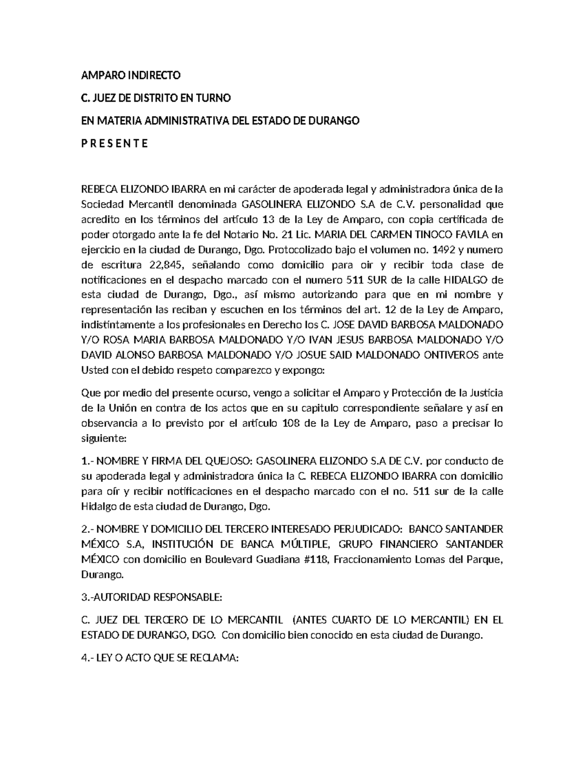 Amparo Indirecto 2023: Gasolinera Elizondo vs. Juez Mercantil Durango ...