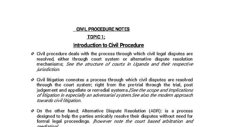 CIVIL PROCEDURE NOTES: Introduction to Civil Procedure Concepts - Studocu