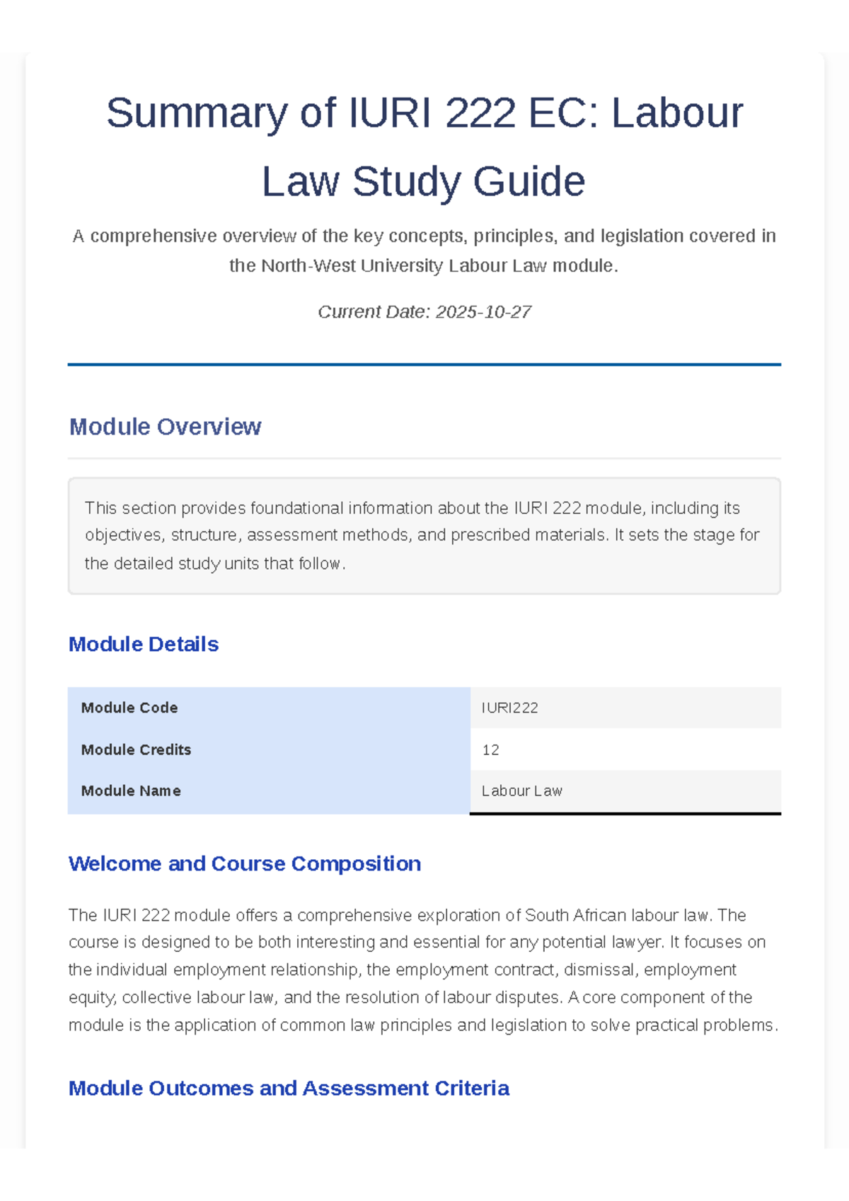 IURI222 Labour Law Study Guide: Key Concepts & Principles - Studocu
