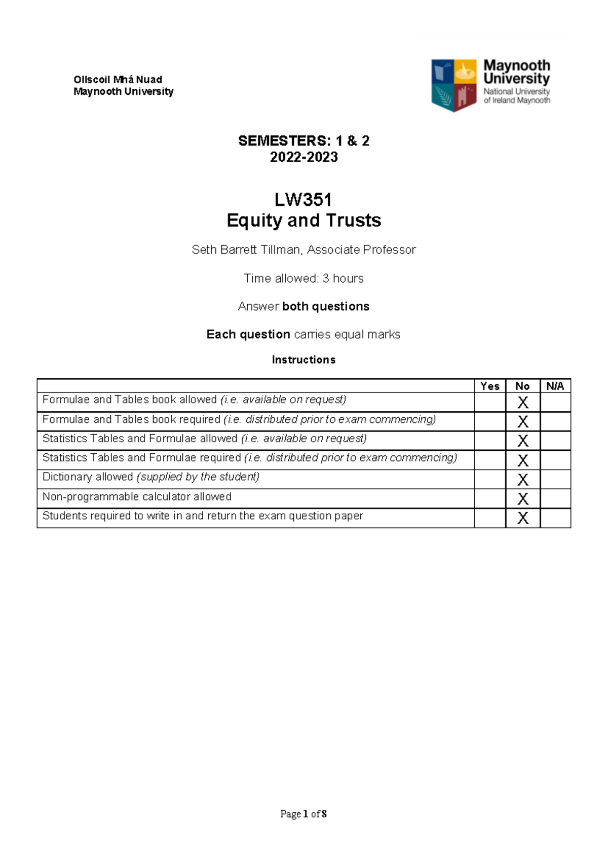 Equity and Trusts Exam Past Papers - LW 2023 - Maynooth University ...
