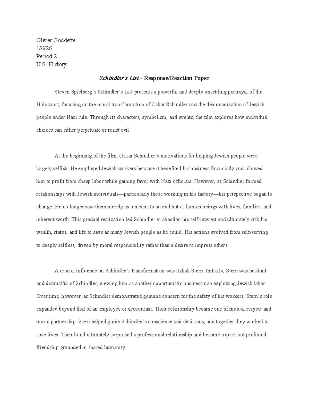 U.S. History Period 2: Analysis of Schindler's List Paper - Studocu