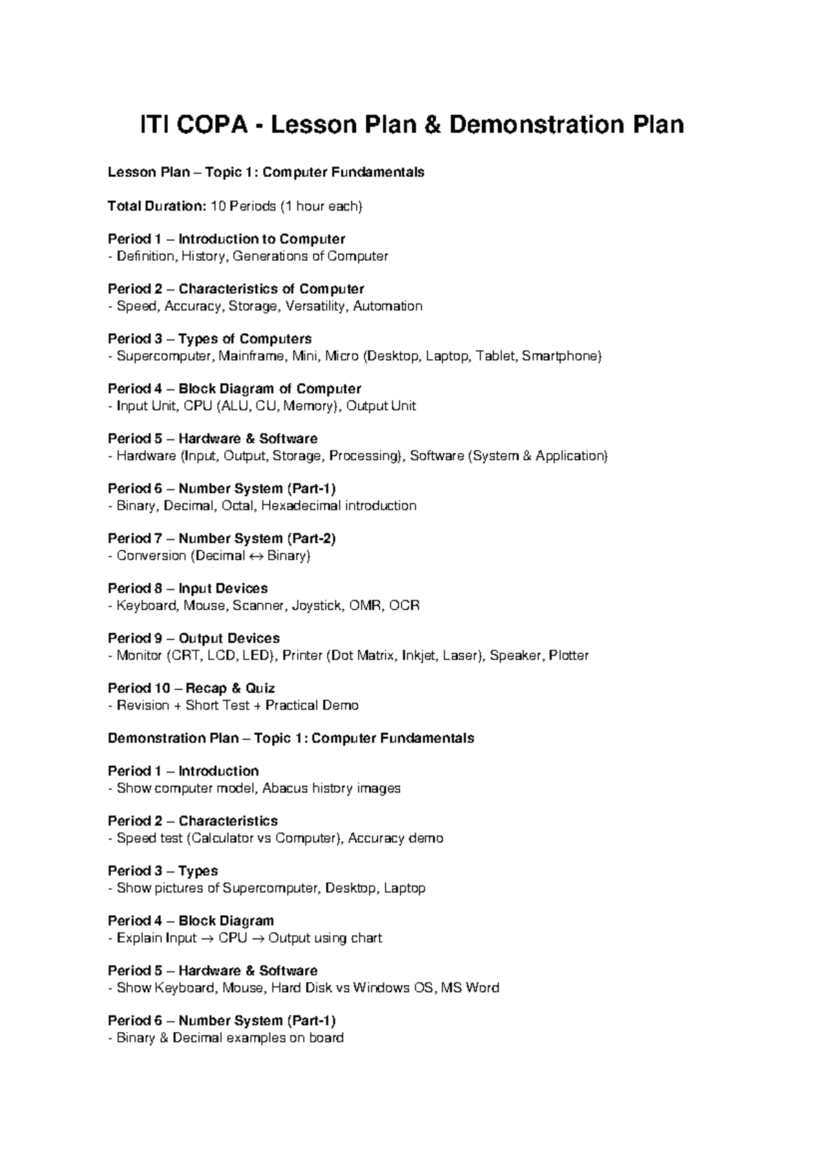 ITI COPA Lesson Plan: Computer Fundamentals Overview and Activities - Studocu