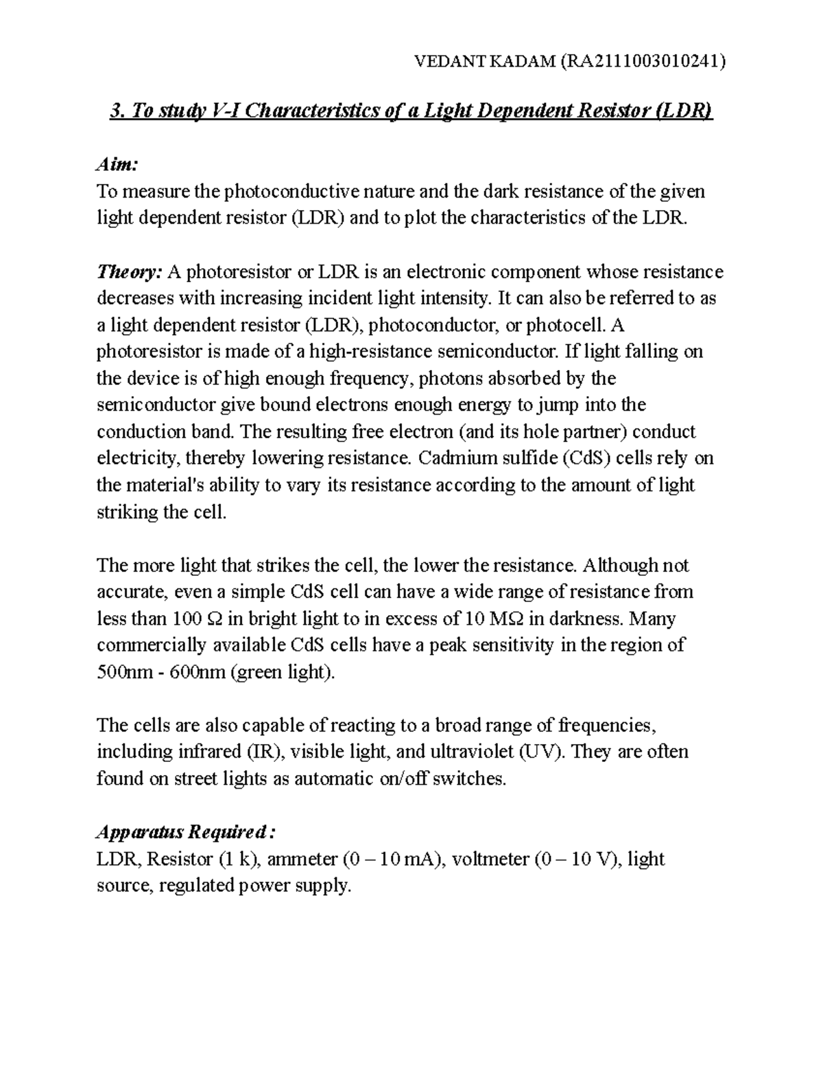 Exp 3- Characteristics of a Light Dependent Resistor (LDR) - VEDANT ...