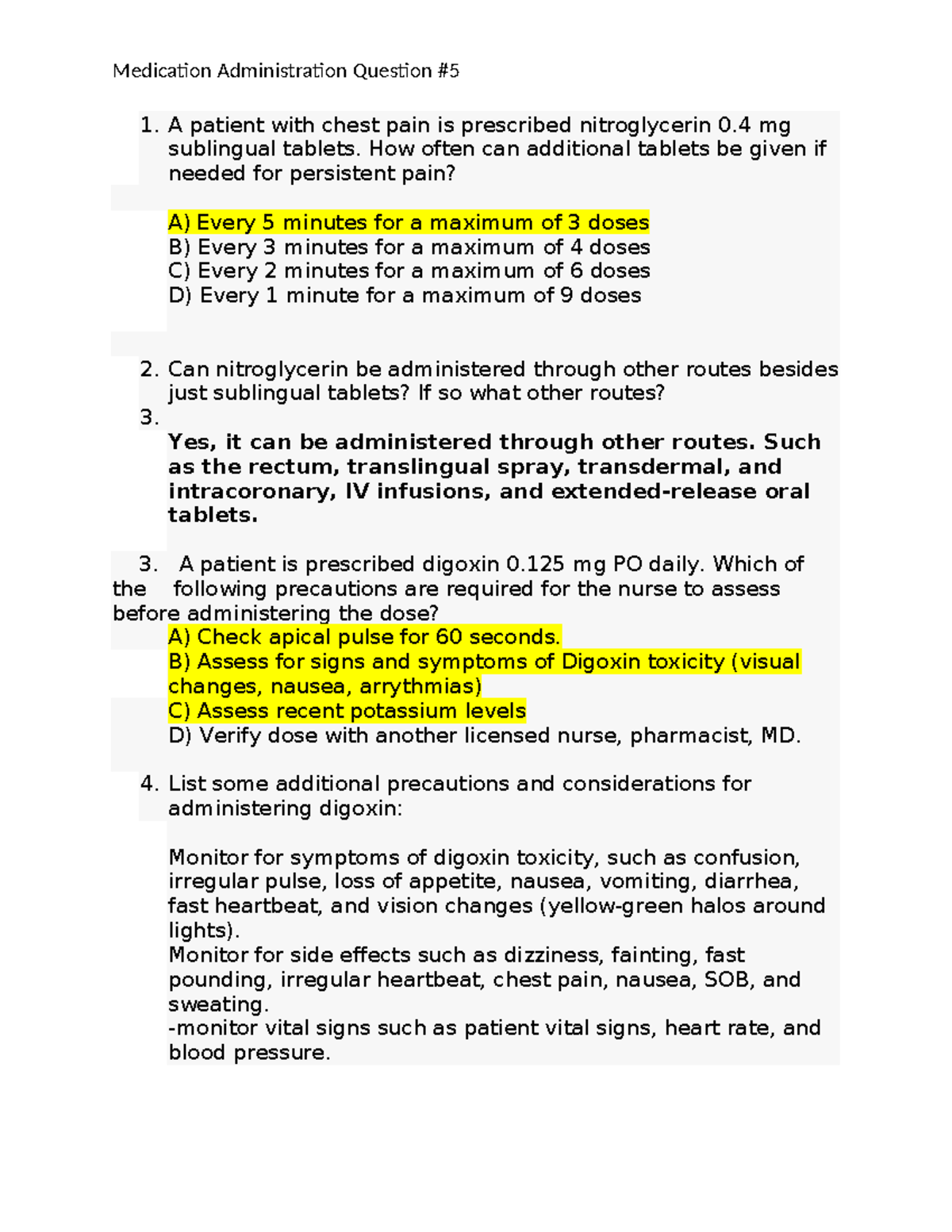 Medication Administration #5 - A patient with chest pain is prescribed ...