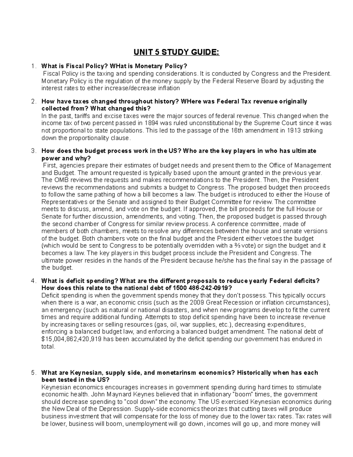 Unit 5 Study Guide: Key Concepts in Fiscal & Monetary Policy - Studocu