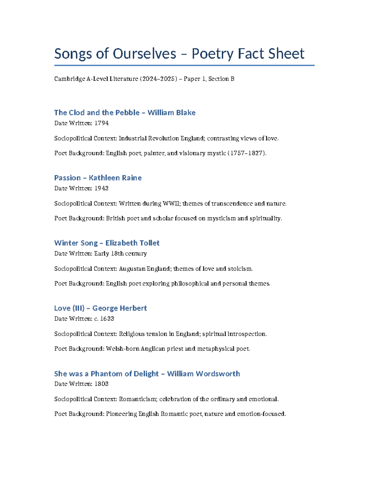 Songs of Ourselves Poetry Fact Sheet: Cambridge Lit Paper 1, Sec B ...