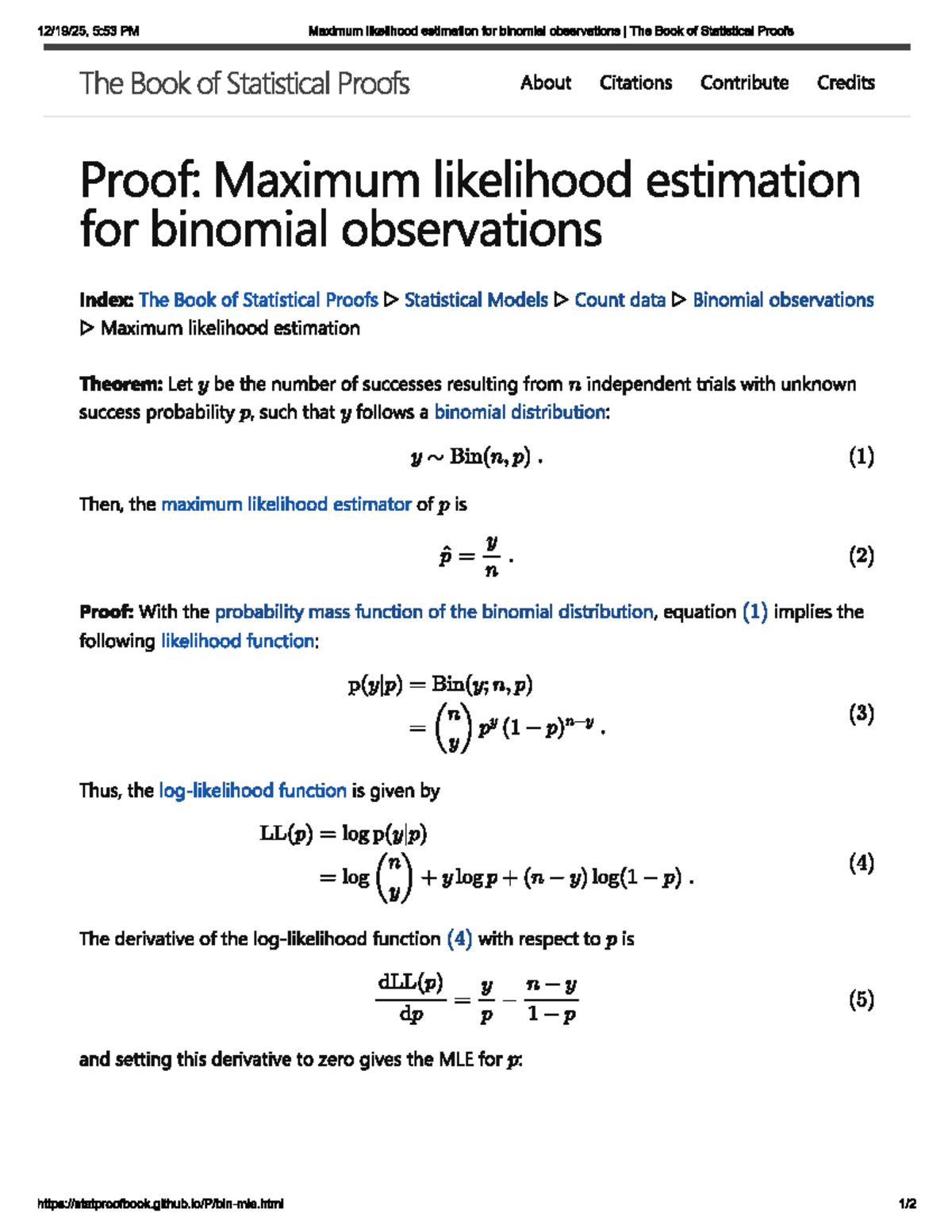 Statistical Proofs: MLE for Binomial Observations - Studocu