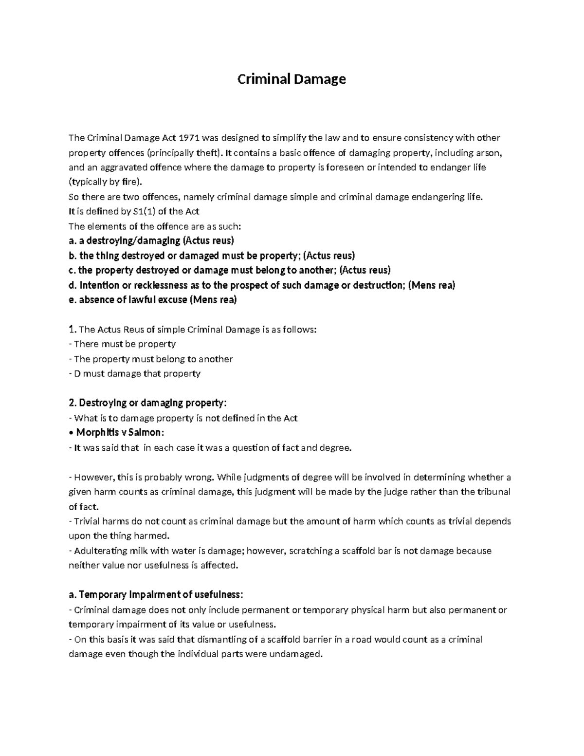 Criminal Damage Law: Key Points and Case Analysis Notes - Studocu