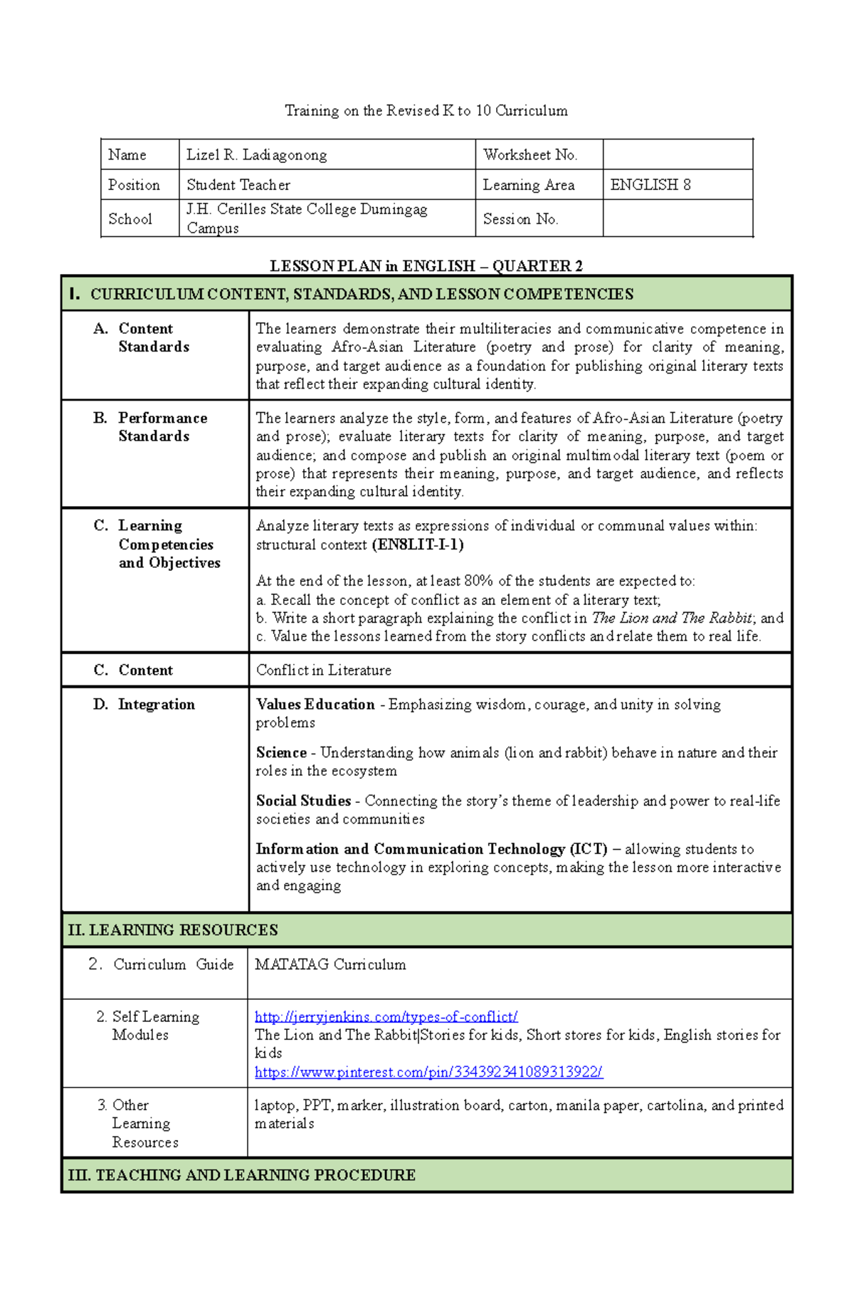 ENGLISH 8 Lesson Plan: Conflict in Literature (Quarter 2) - Studocu