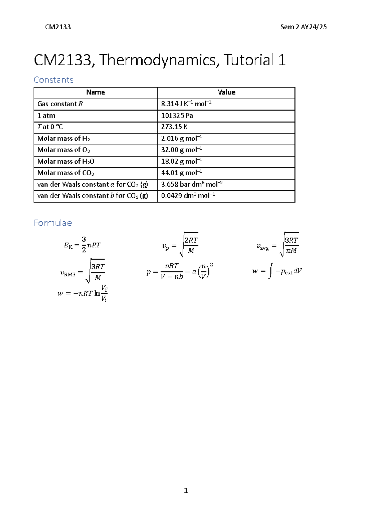 CM2133 Thermodynamics Tutorial 1 Sem 2 AY2425 - CM2133 Sem 2 AY24/ 1 ...
