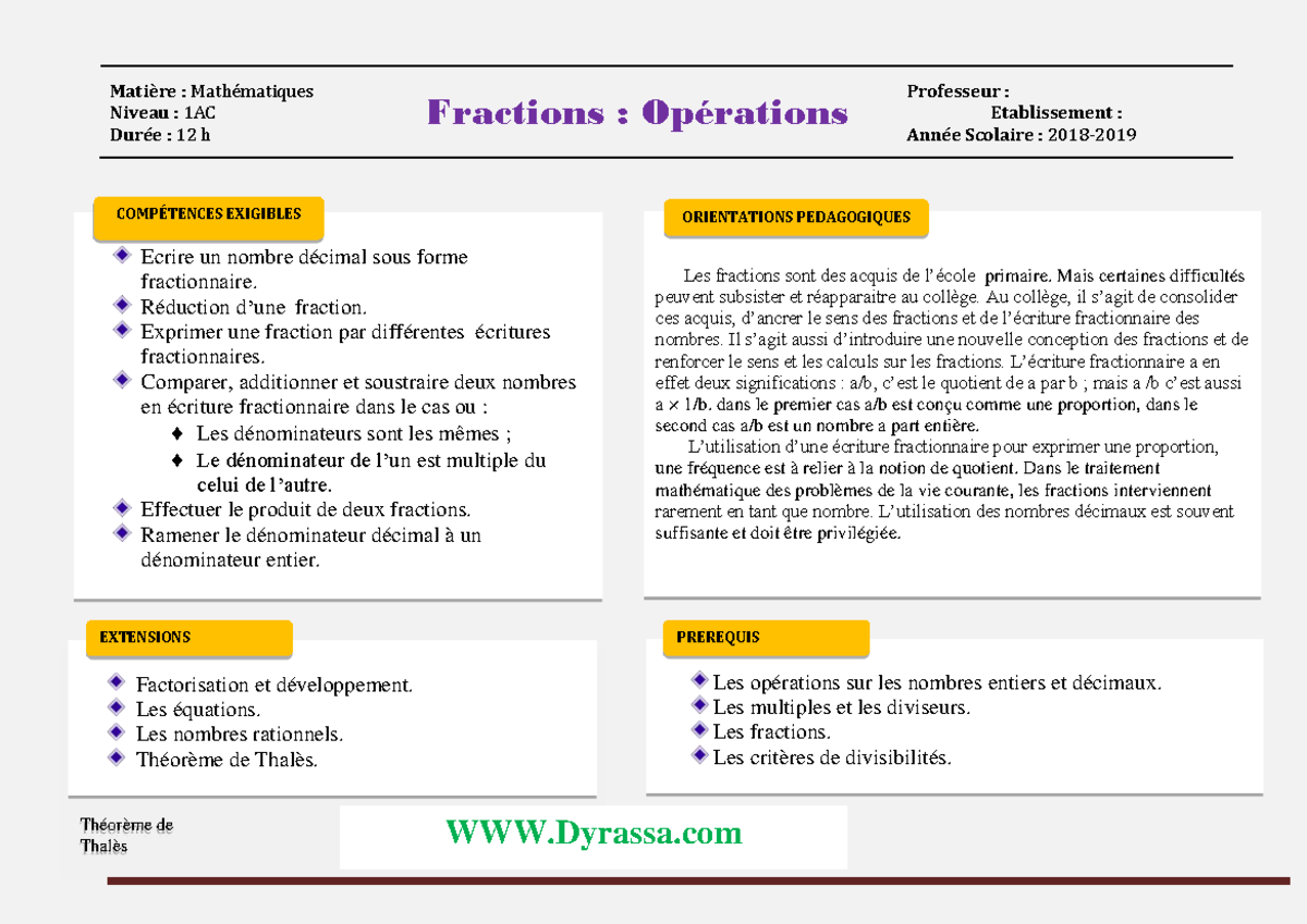 Fiches Pédagogiques : Opérations sur les Fractions - Math 1AC - Studocu