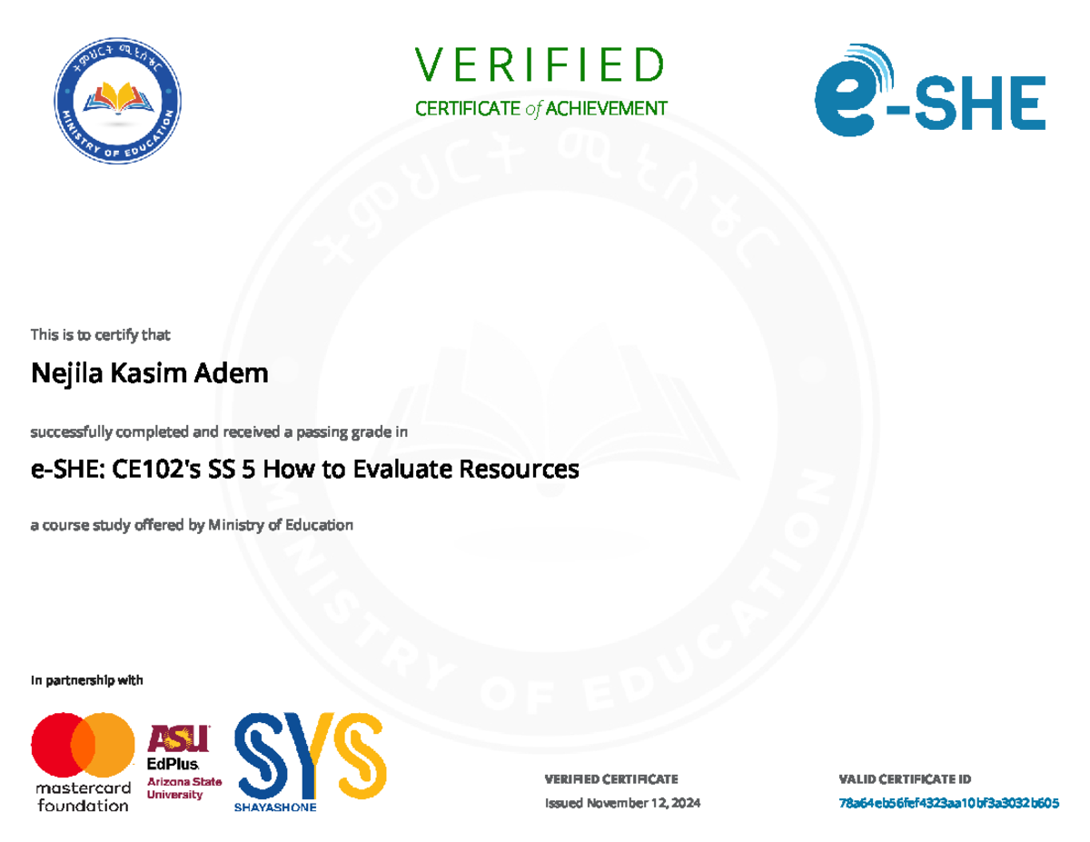 E-SHE CE102 Certificate how to evaluate resource - Environmental ...