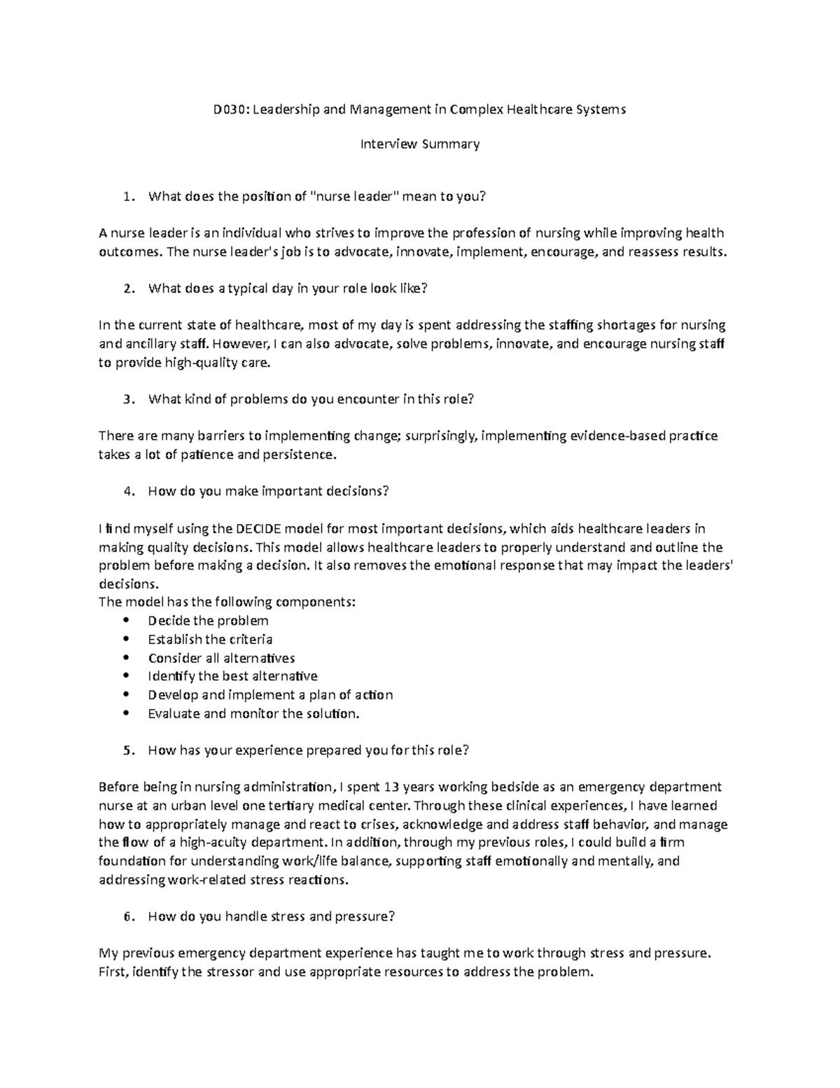 D030: Interview Summary on Nurse Leadership in Healthcare Systems - Studocu