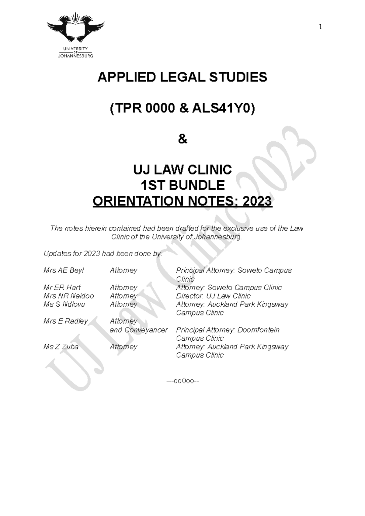 1st Bundle of Orientation Notes: Applied Legal Studies 2023 TPR 0000 ...