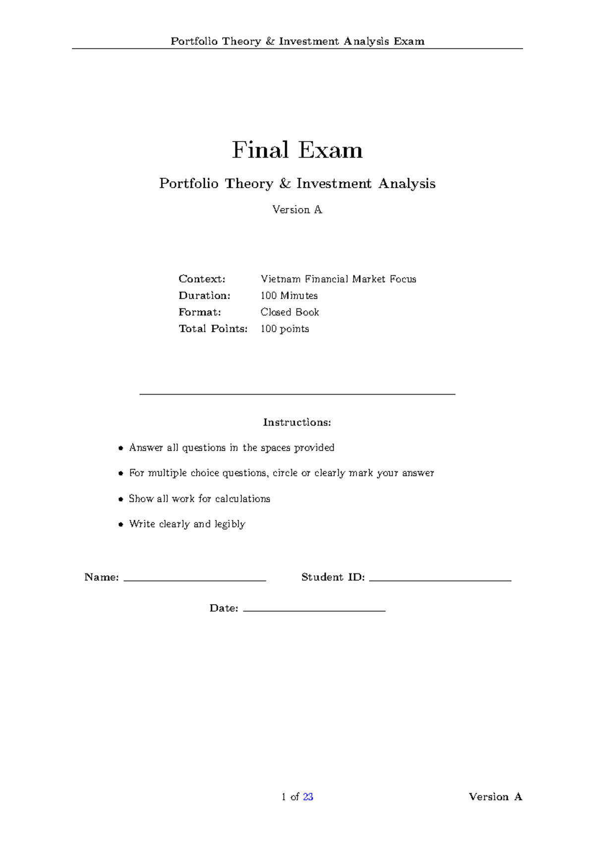 Portfolio Theory Investment Analysis Exam - Version A - Studocu
