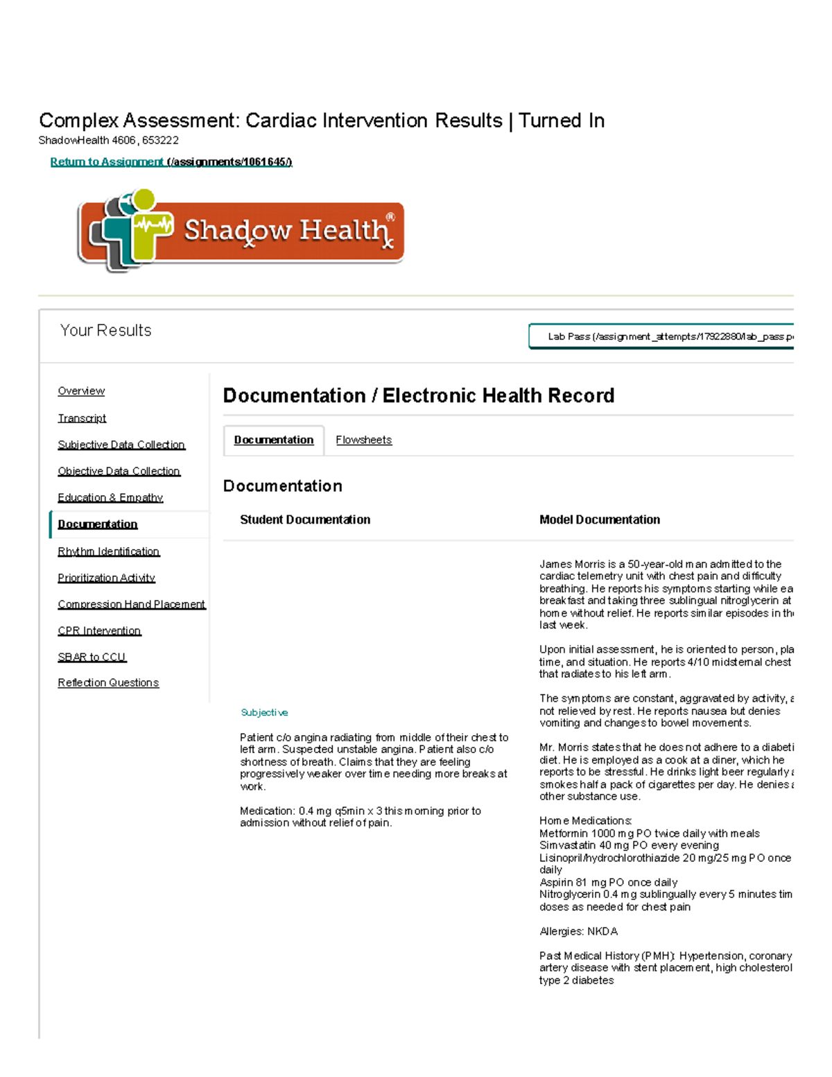 ShadowHealth 4606 - Cardiac Intervention Assessment Documentation - Studocu