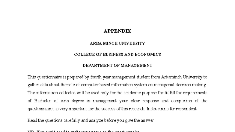 Questionnaire on CBIS Impact on Managerial Decisions - BA Management ...
