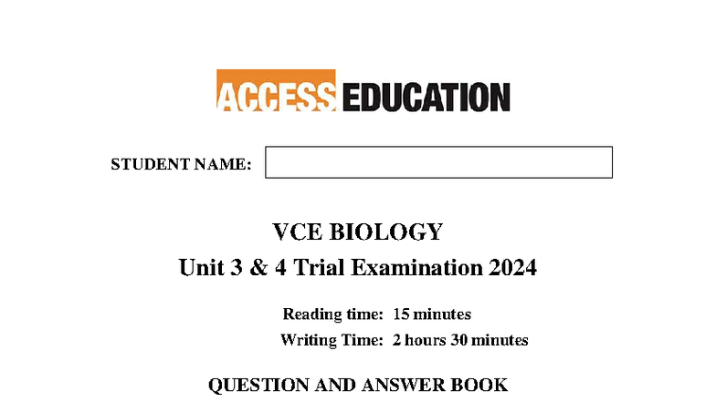 Access Education VCE Biology Unit 3 4 Trial Exam 2024 - Studocu