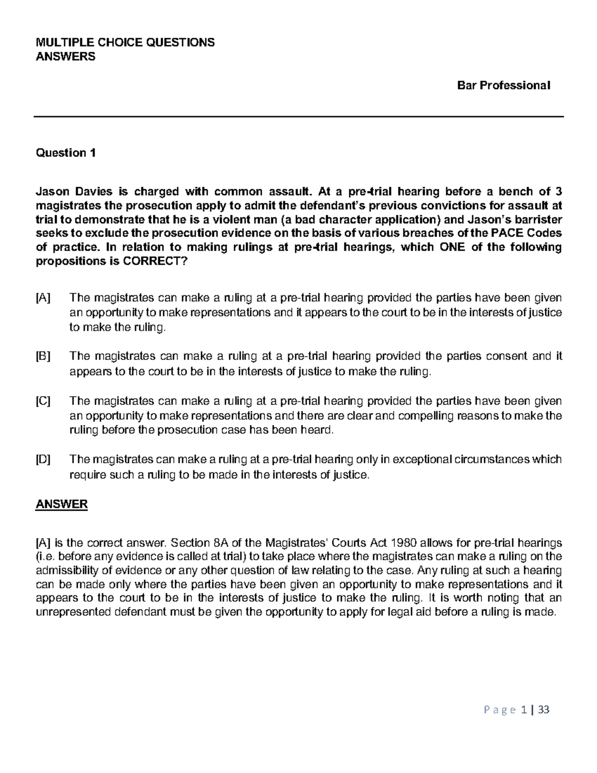 Bar Professional Course: Trial Multiple Choice Questions and Answers ...