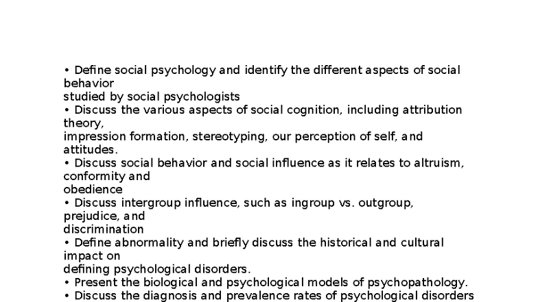 Social Psychology & Psychological Disorders Overview (PSY 101) - Studocu
