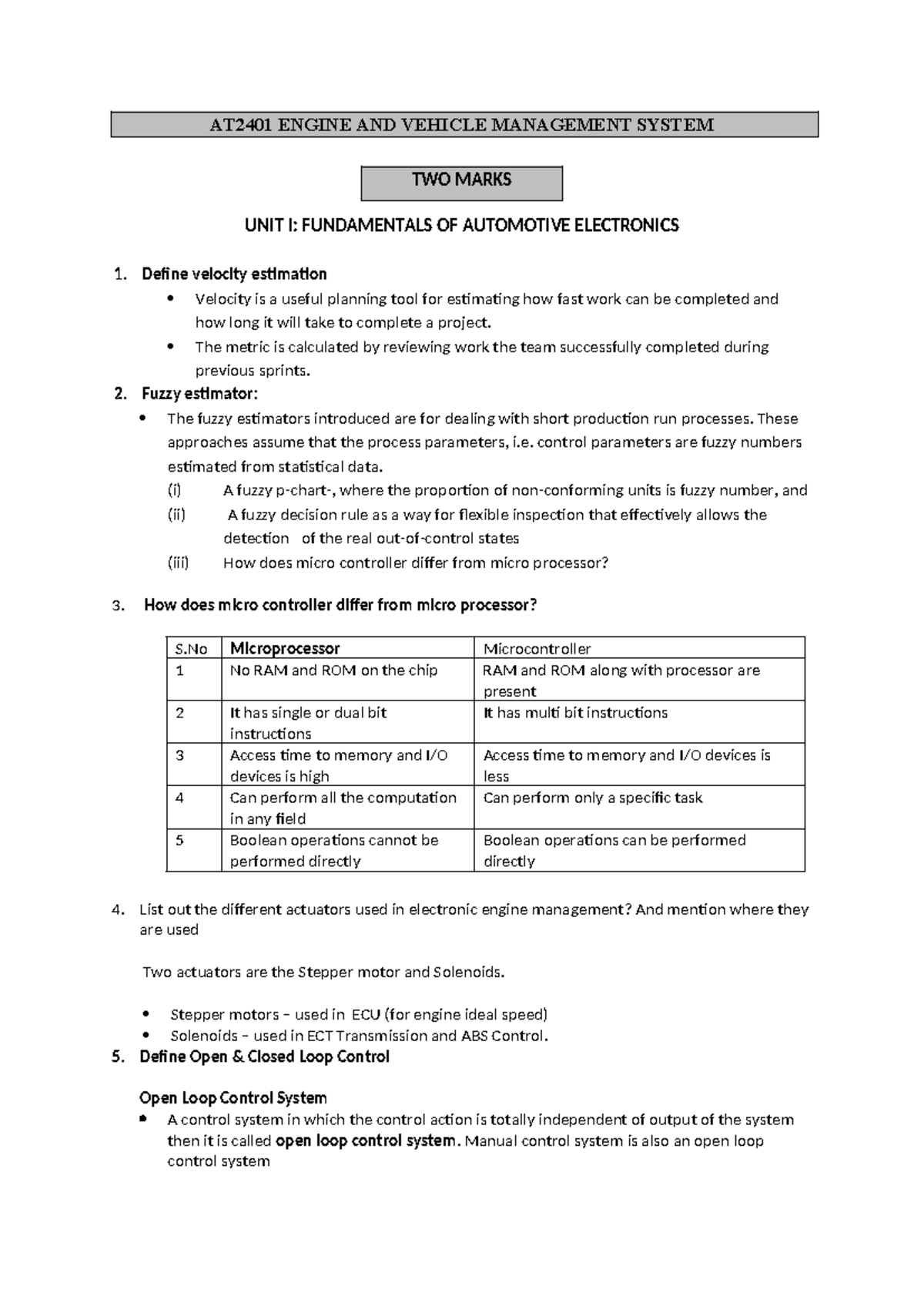AT2401 ENGINE AND VEHICLE MANAGEMENT SYSTEM: UNIT I & II NOTES - Studocu