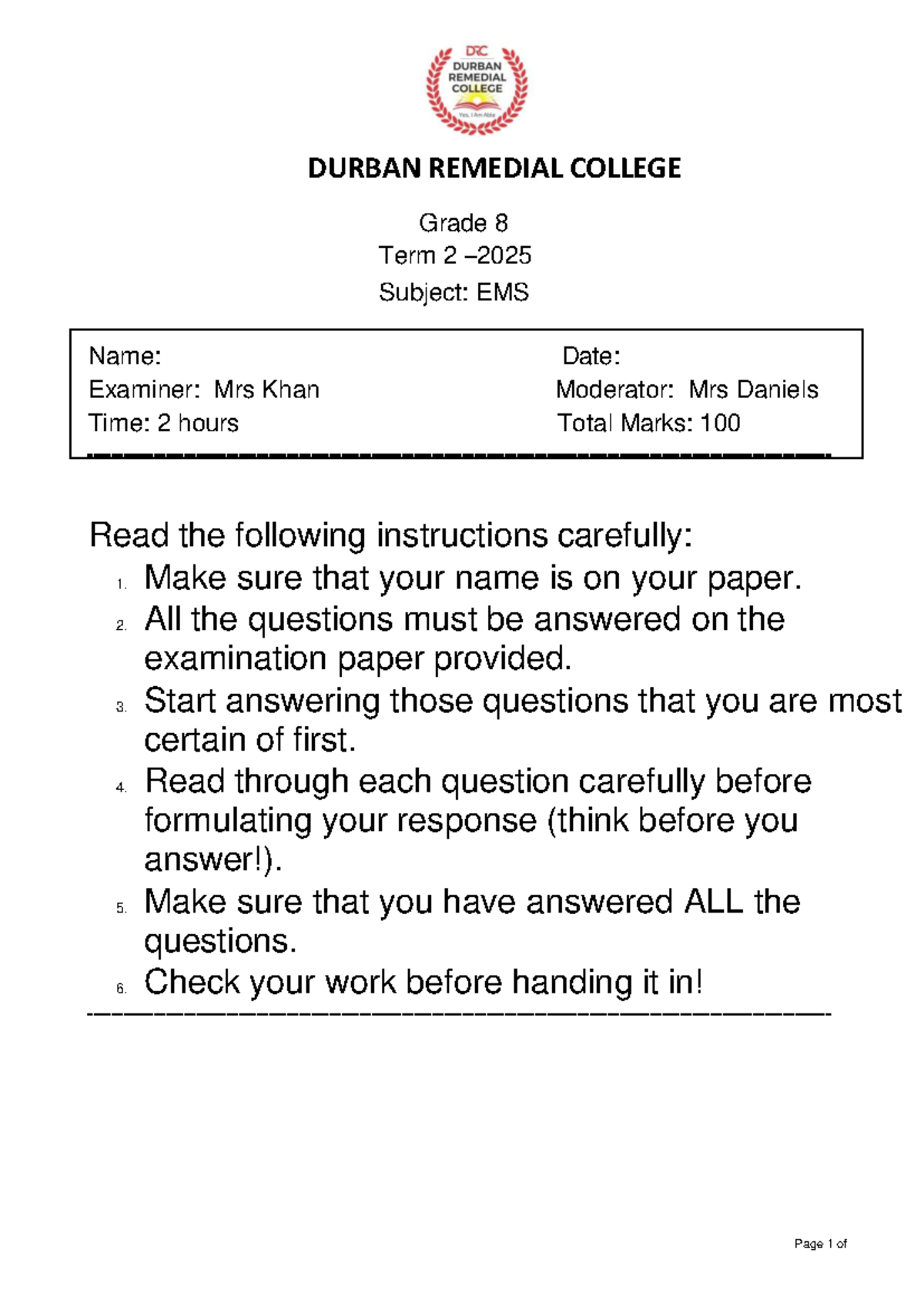 Gr 8 EMS Term 2 Exam - Comprehensive Question Paper - Studocu