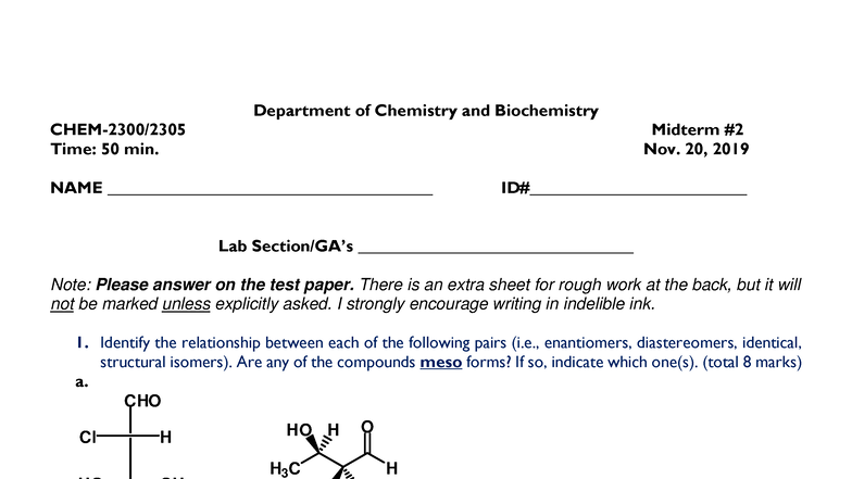 Chemistry 2300 T2 2019 Midterm Practice Test Notes - Studocu