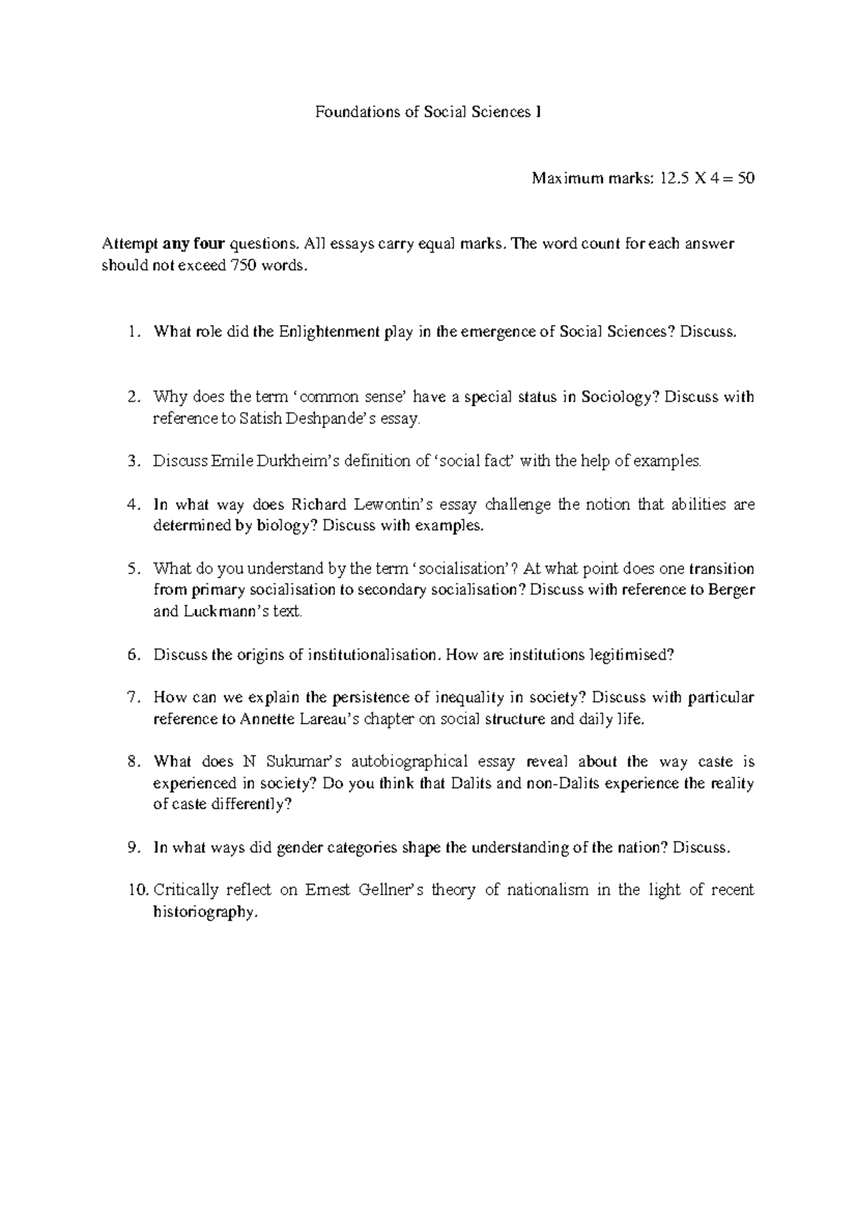 Foundations of Social Sciences I Past Exam Questions & Topics - Studocu