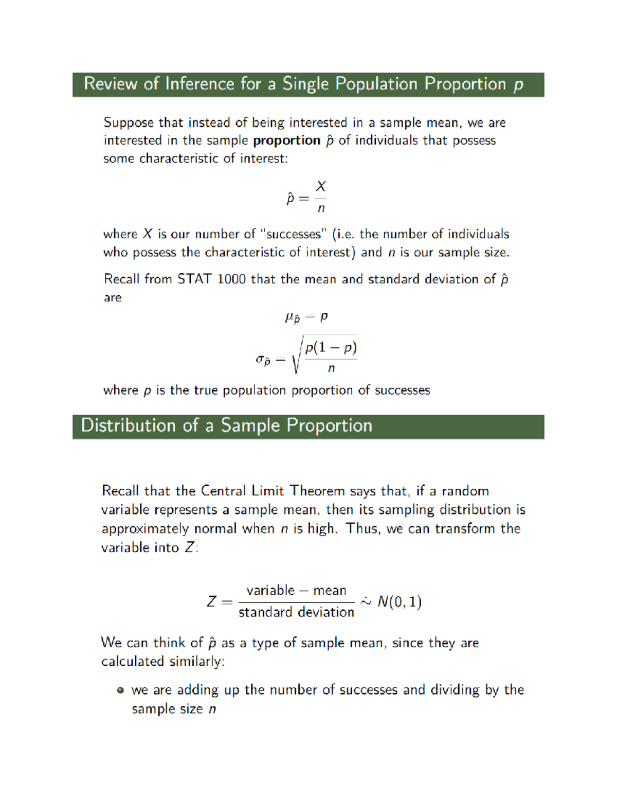 STAT 2000: Review of Inference for a Single Population Proportion - Studocu
