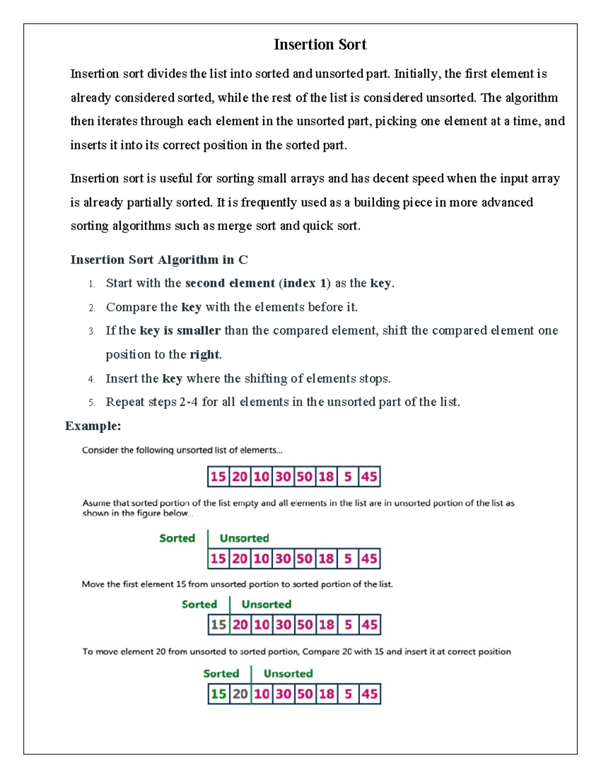 Insertion Sort Algorithm Overview and Implementation in C - Studocu