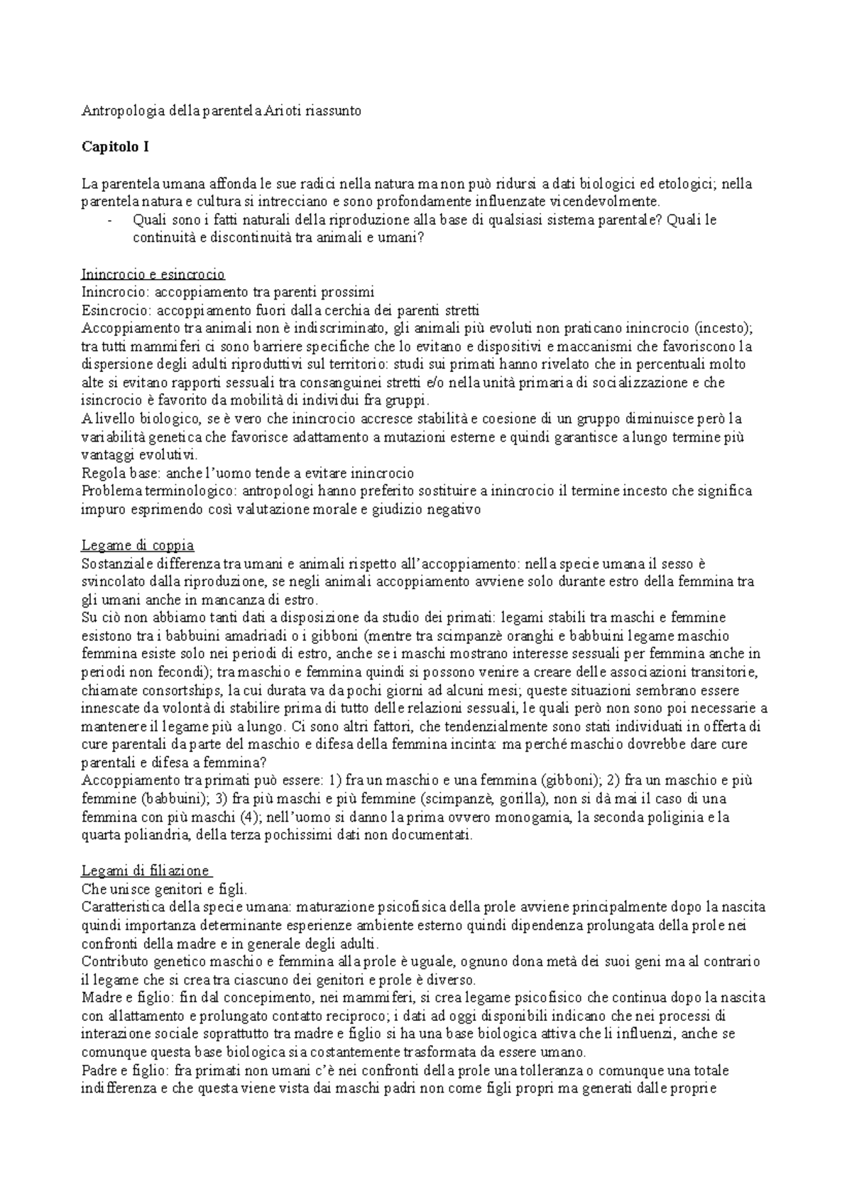 Antropologia della parentela Arioti riassunto - Quali sono i fatti ...