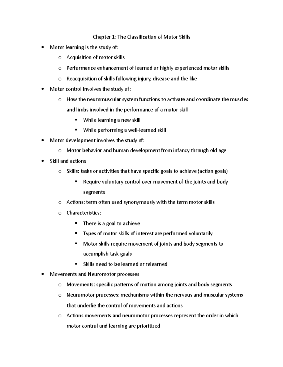 MB Unit 1: Classification & Measurement of Motor Skills - Studocu
