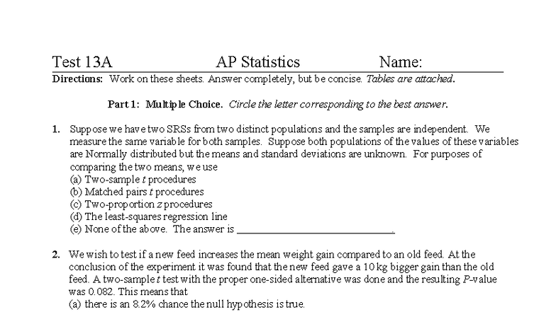 Test 13A AP Statistics - Multiple Choice & Free Response Questions ...