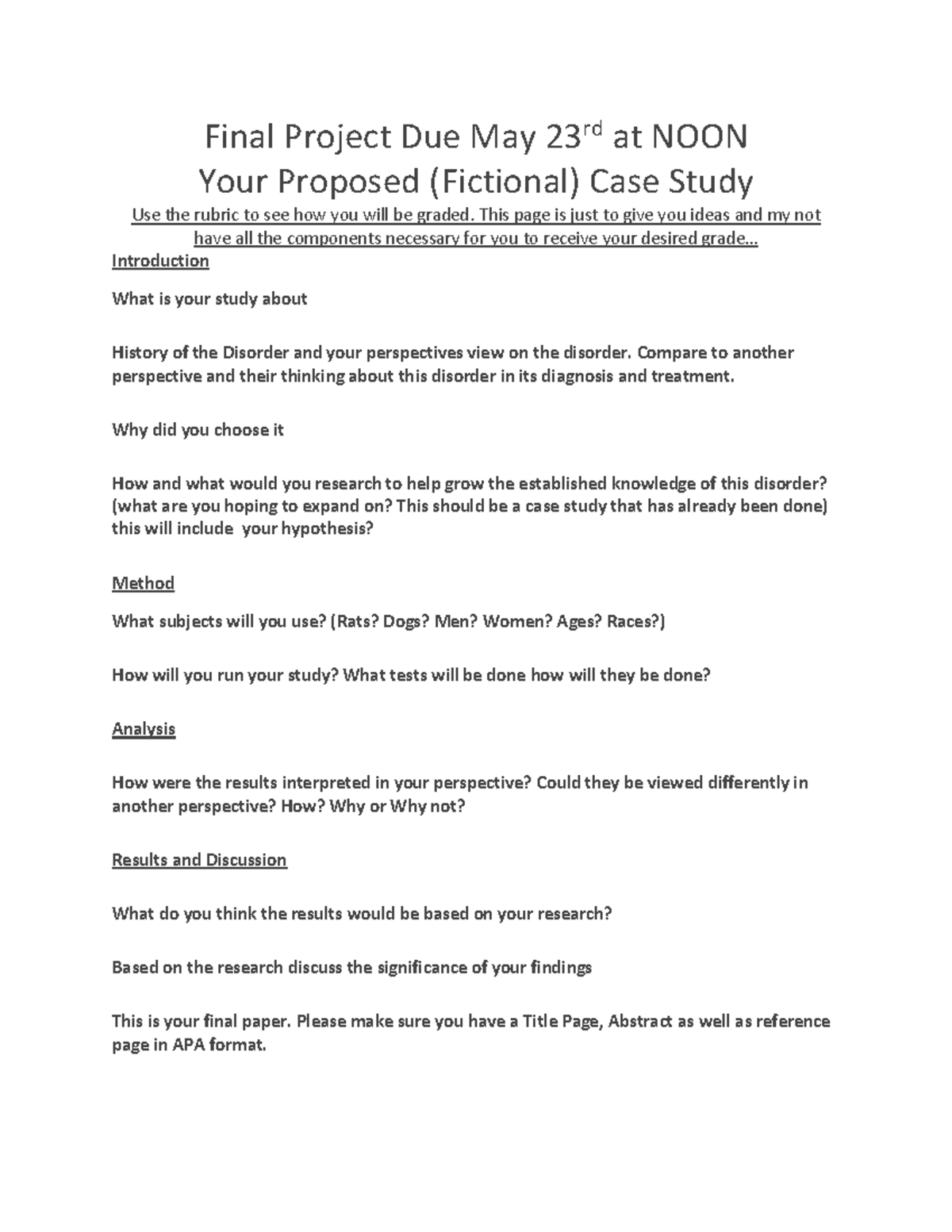 Fictional Case Study - Final Project Guidelines & Rubric - Studocu