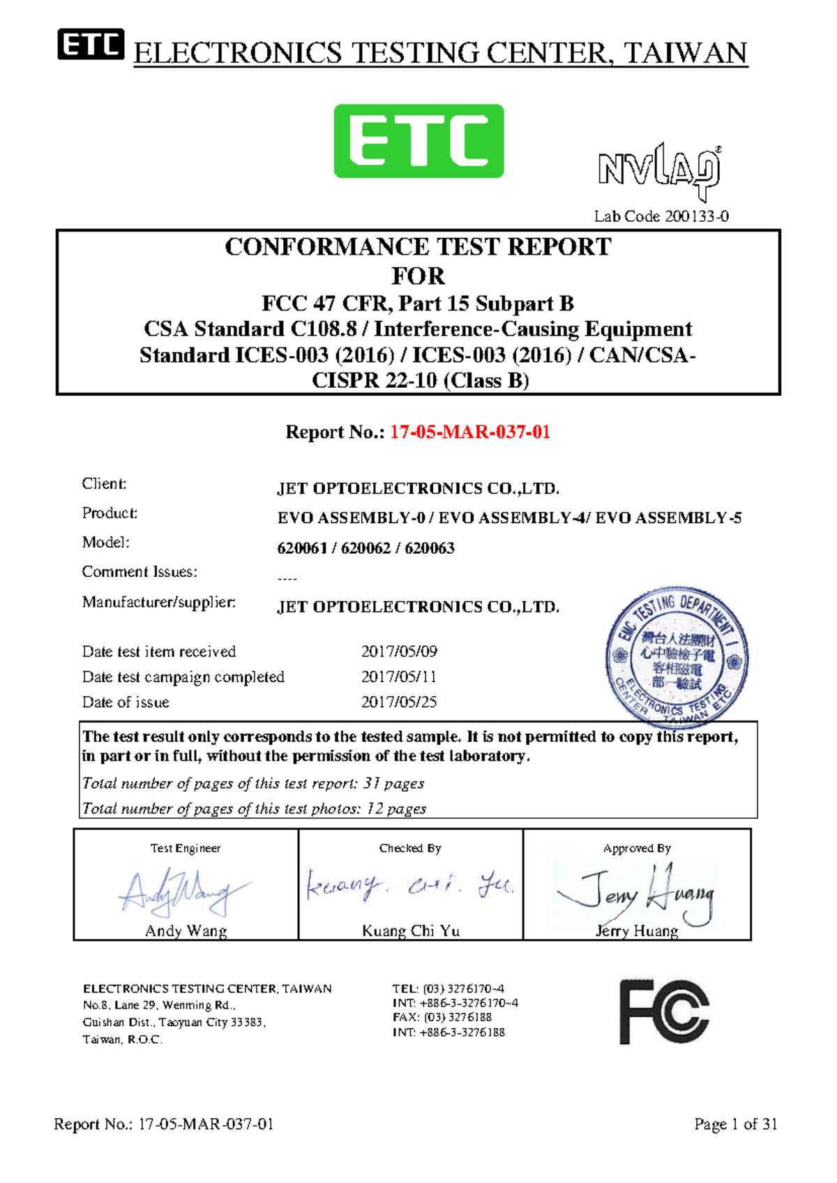 17-05-MAR-037-01 FCC Conformance Test Report for EVO Assemblies - Studocu