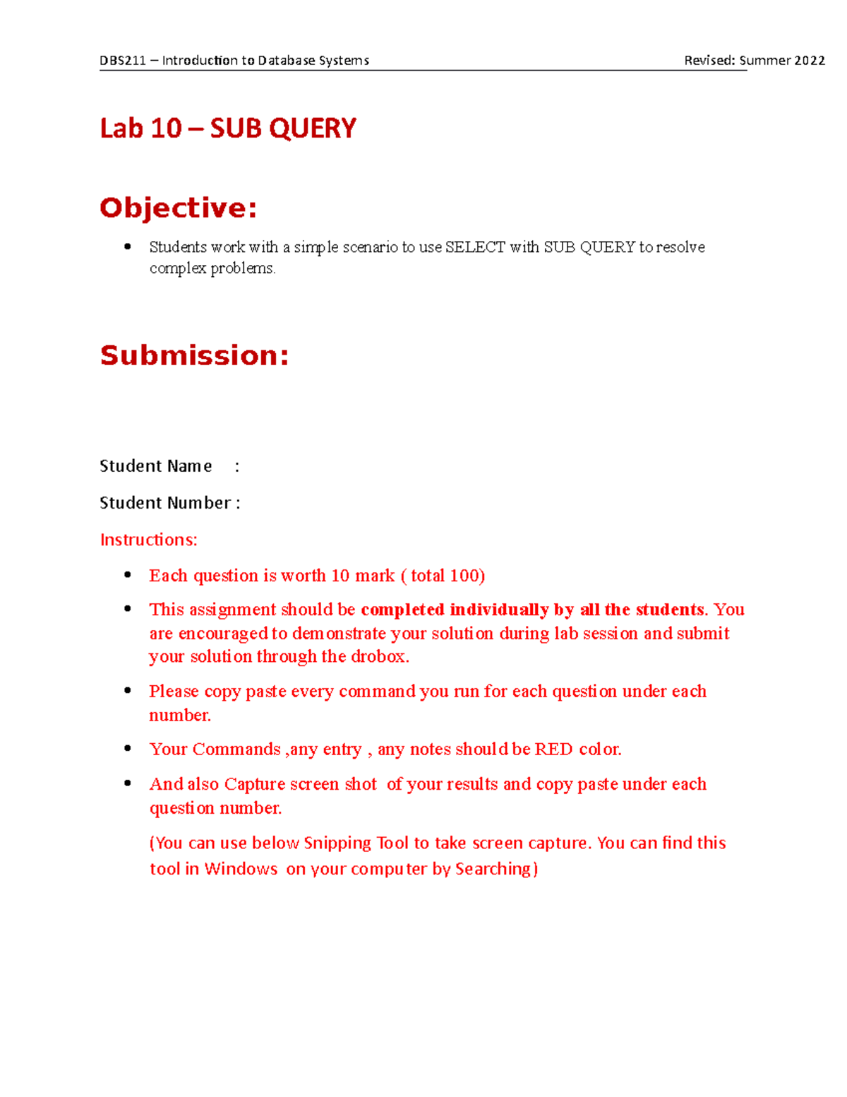 DBS211 Lab010 Sub Queries - DBS211 Introduction to Database Systems ...