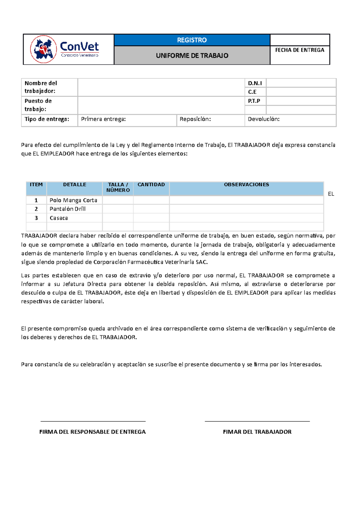 Registro Entrega De Uniforme Registro Uniforme De Trabajo Fecha De