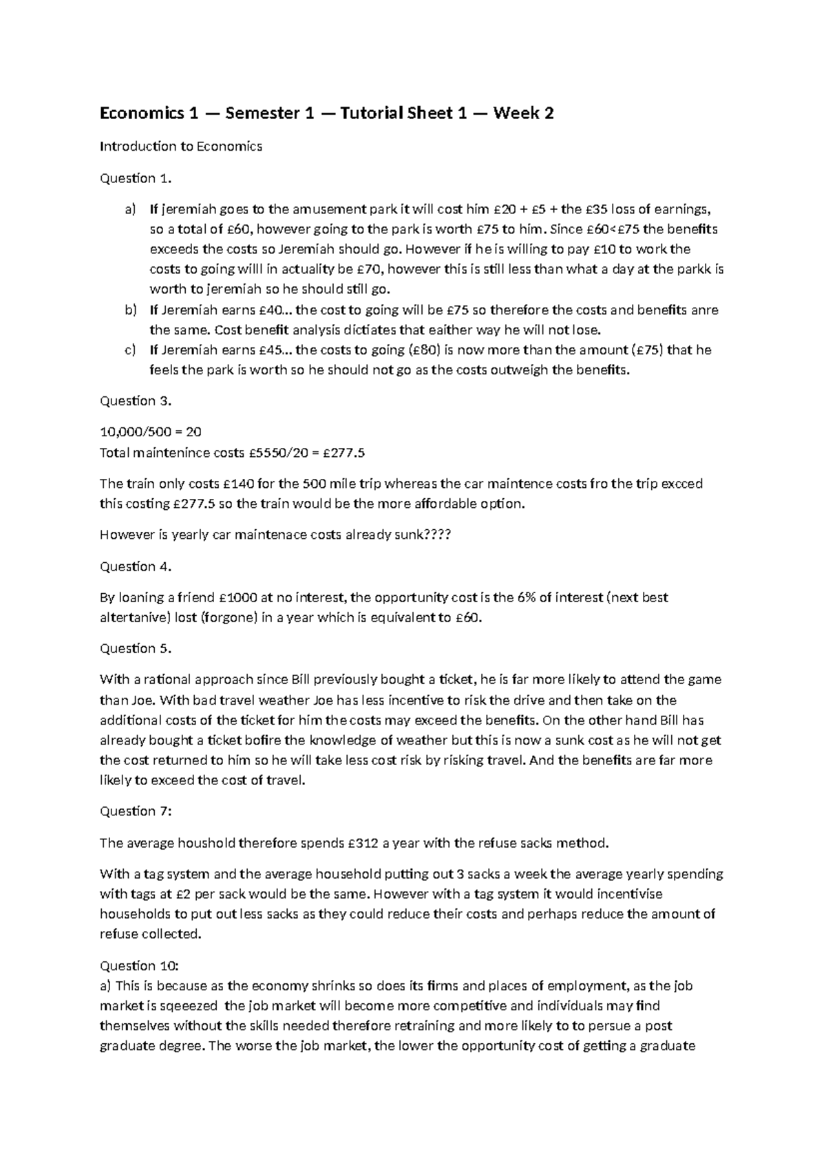 Economics Tutorial Sheet 1 — Week 2 - Economics 1 — Semester 1 ...