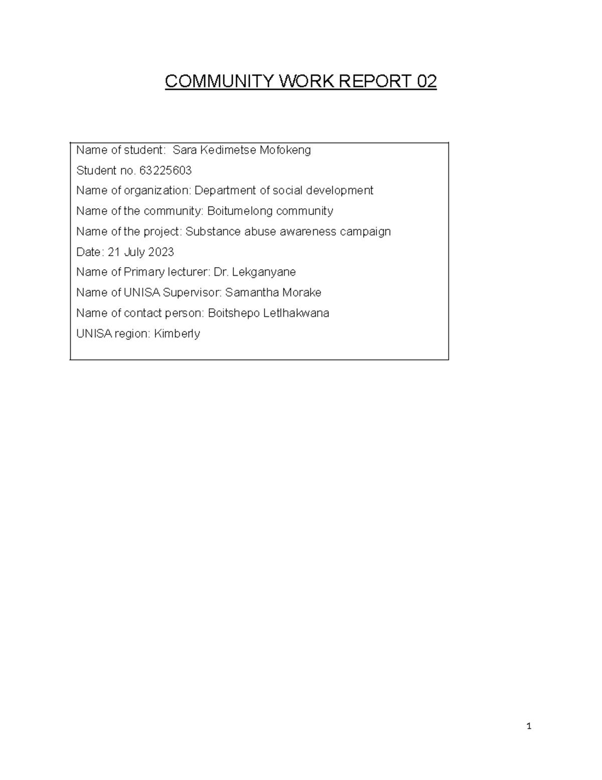 Community Report 02: Substance Abuse Awareness Project Notes - Studocu