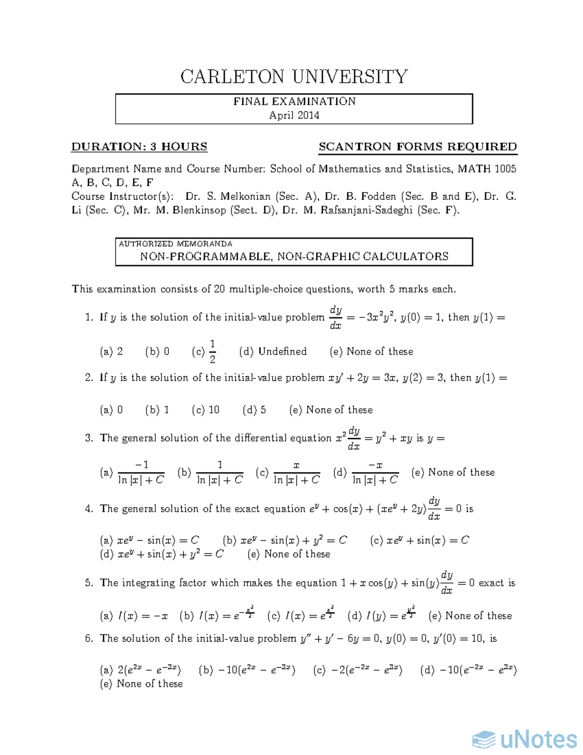 MATH 1005 Final Exam Review - Carleton University, April 2014 - Studocu