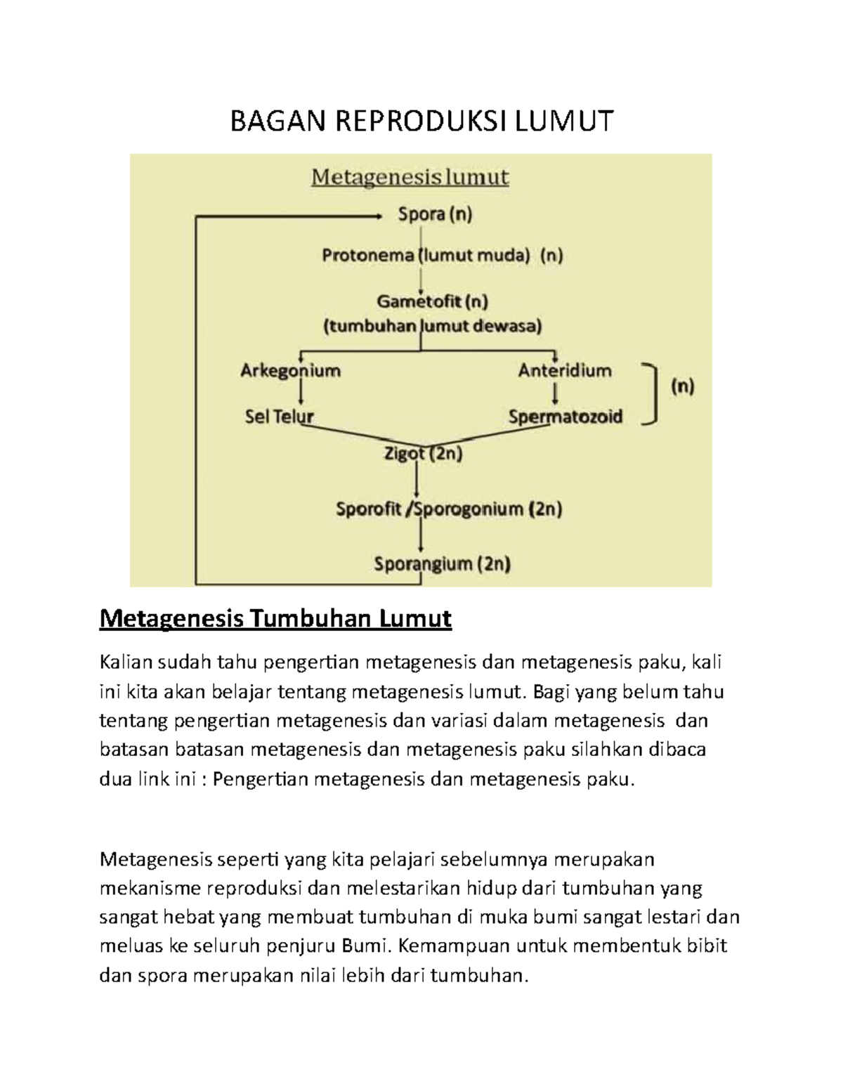 Bagan Reproduksi Tumbuhan Lumut: Metagenesis dan Domino - Studocu