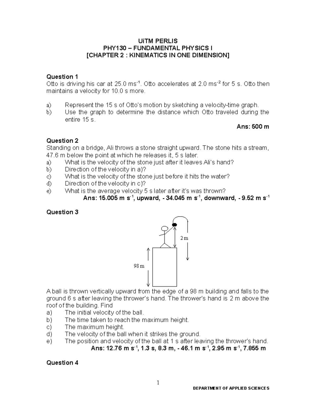 Chapter 2 Kinematics in One Dimension - UiTM PERLIS PHY130 ...